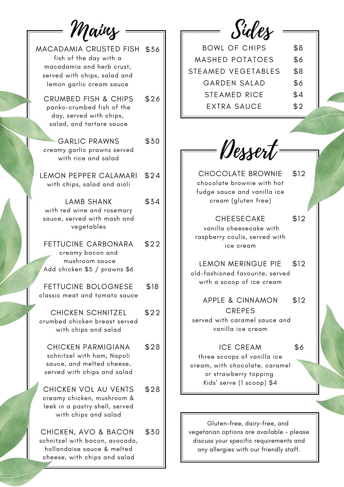 Menu at Tully Motel & Plantations Restaurant, Tully