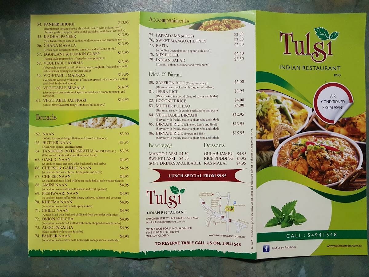 Menu at Tulsi Indian Restaurant, Landsborough
