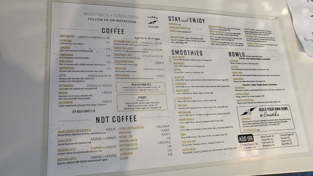 Menu at Turbo Coffee, Huntsville