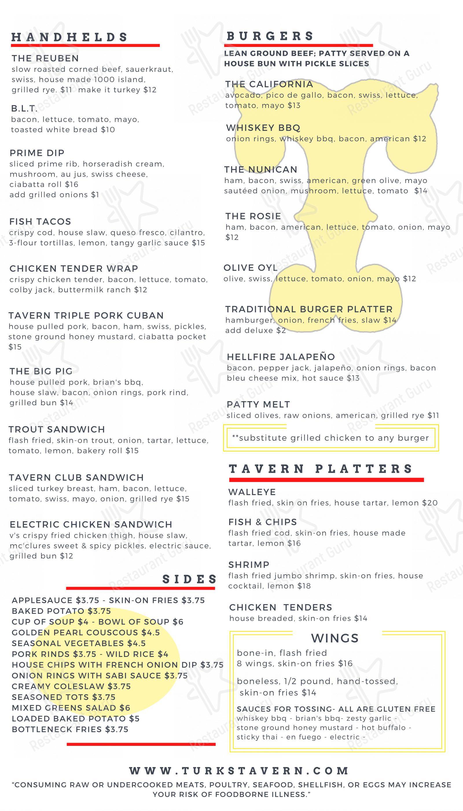 Menu at Turk's Tavern restaurant, Nunica