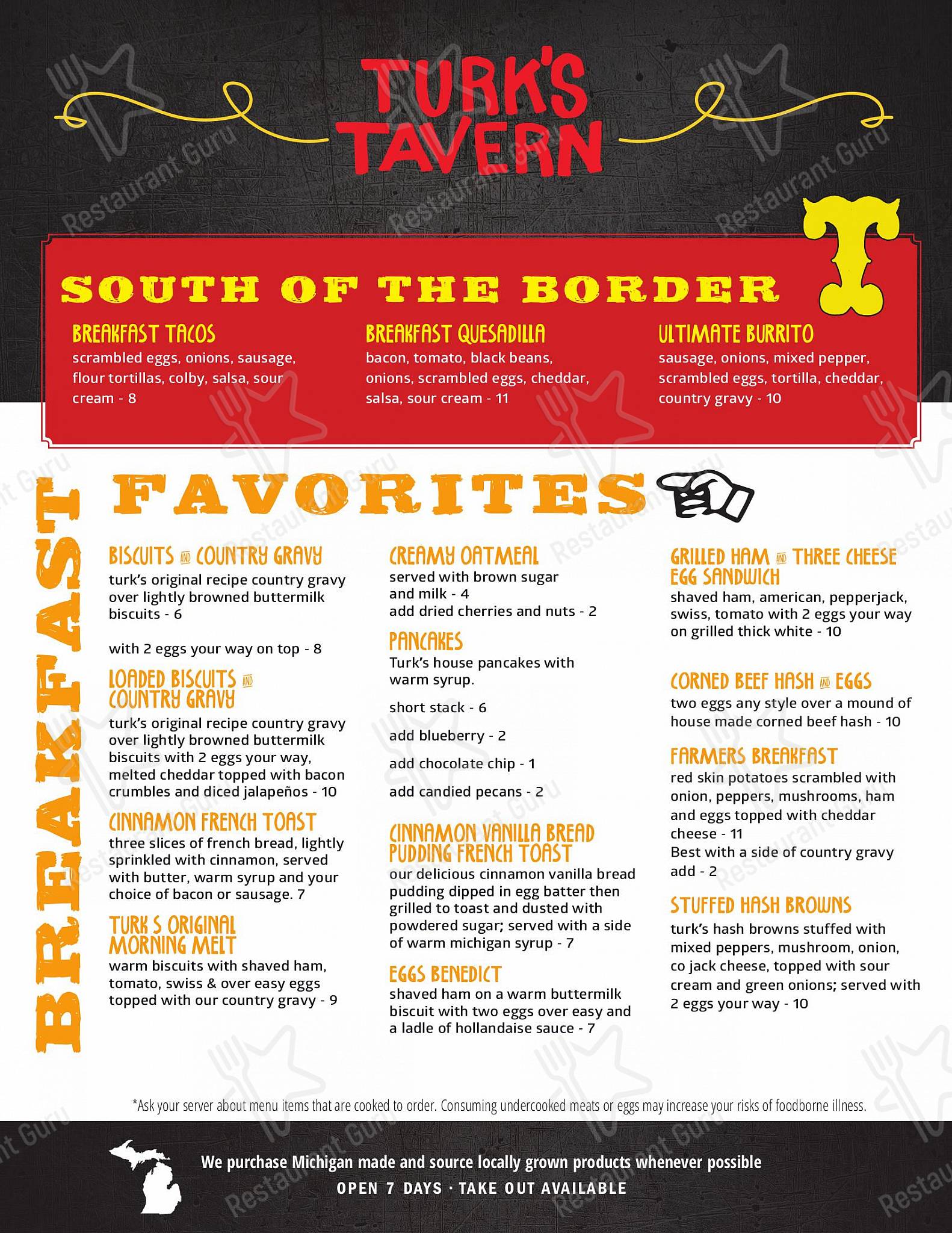 Menu at Turk's Tavern restaurant, Nunica