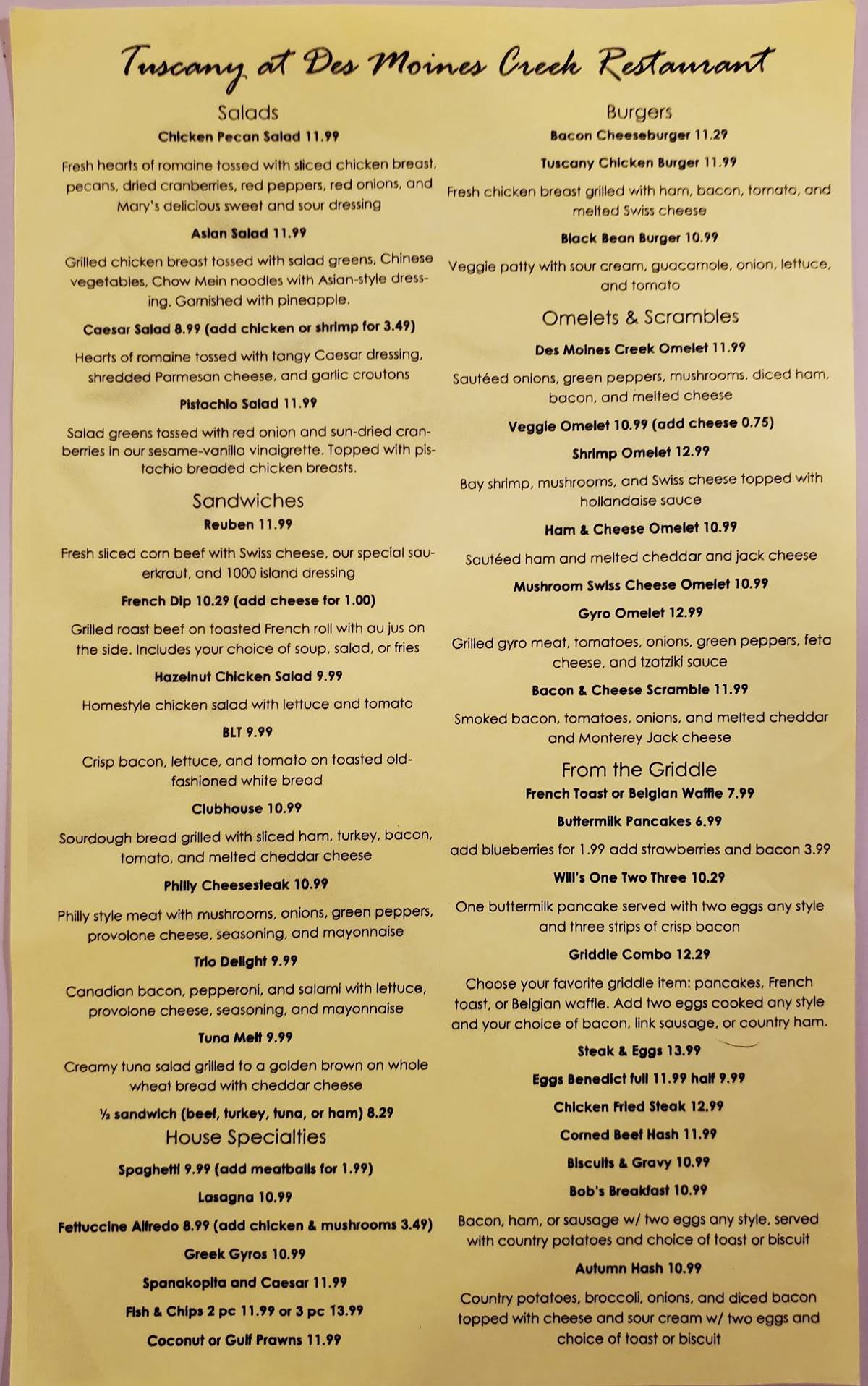 Menu at Tuscany at Des Moines Creek restaurant, Des Moines