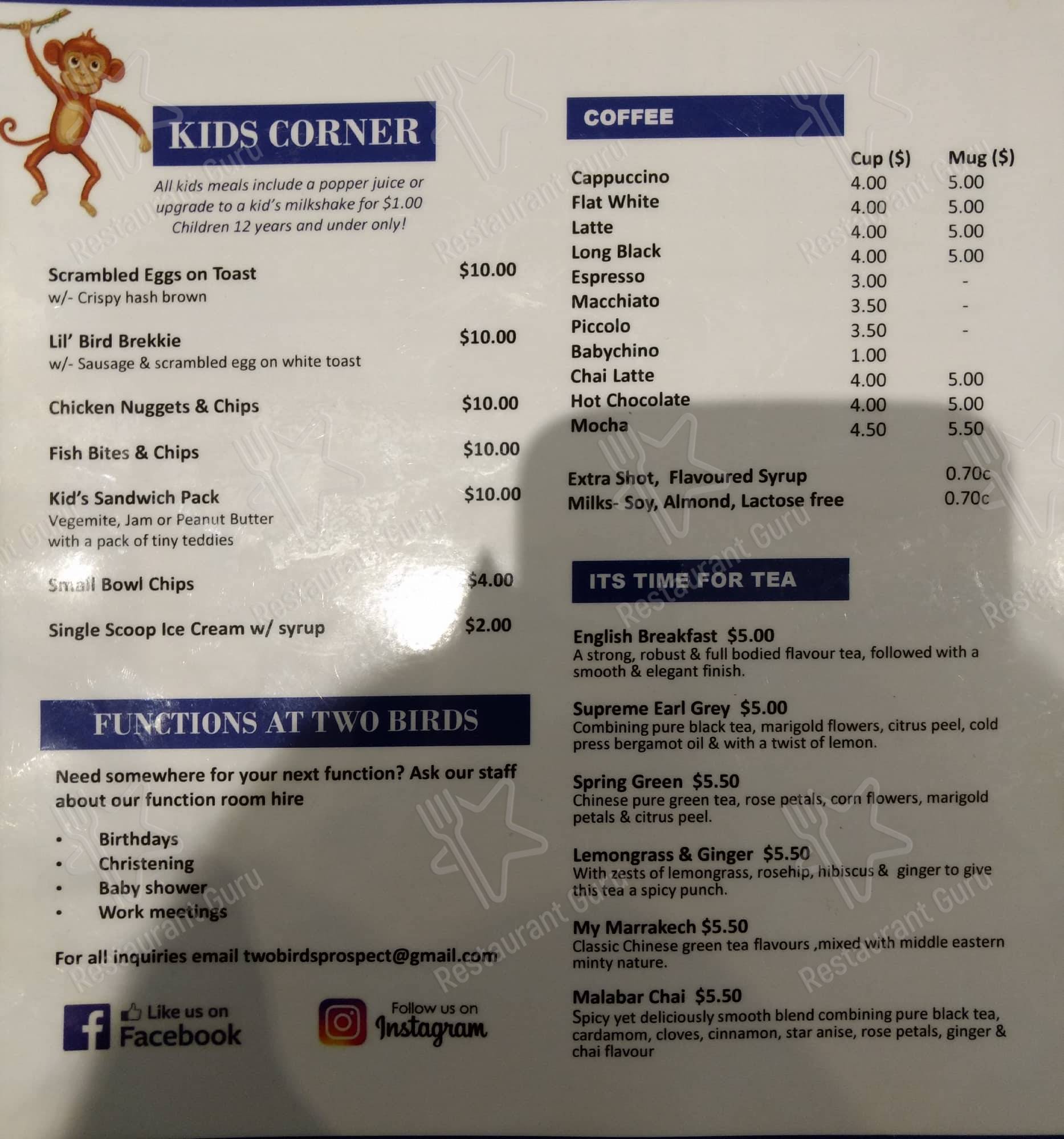 Menu at Two Birds Prospect cafe, Prospect