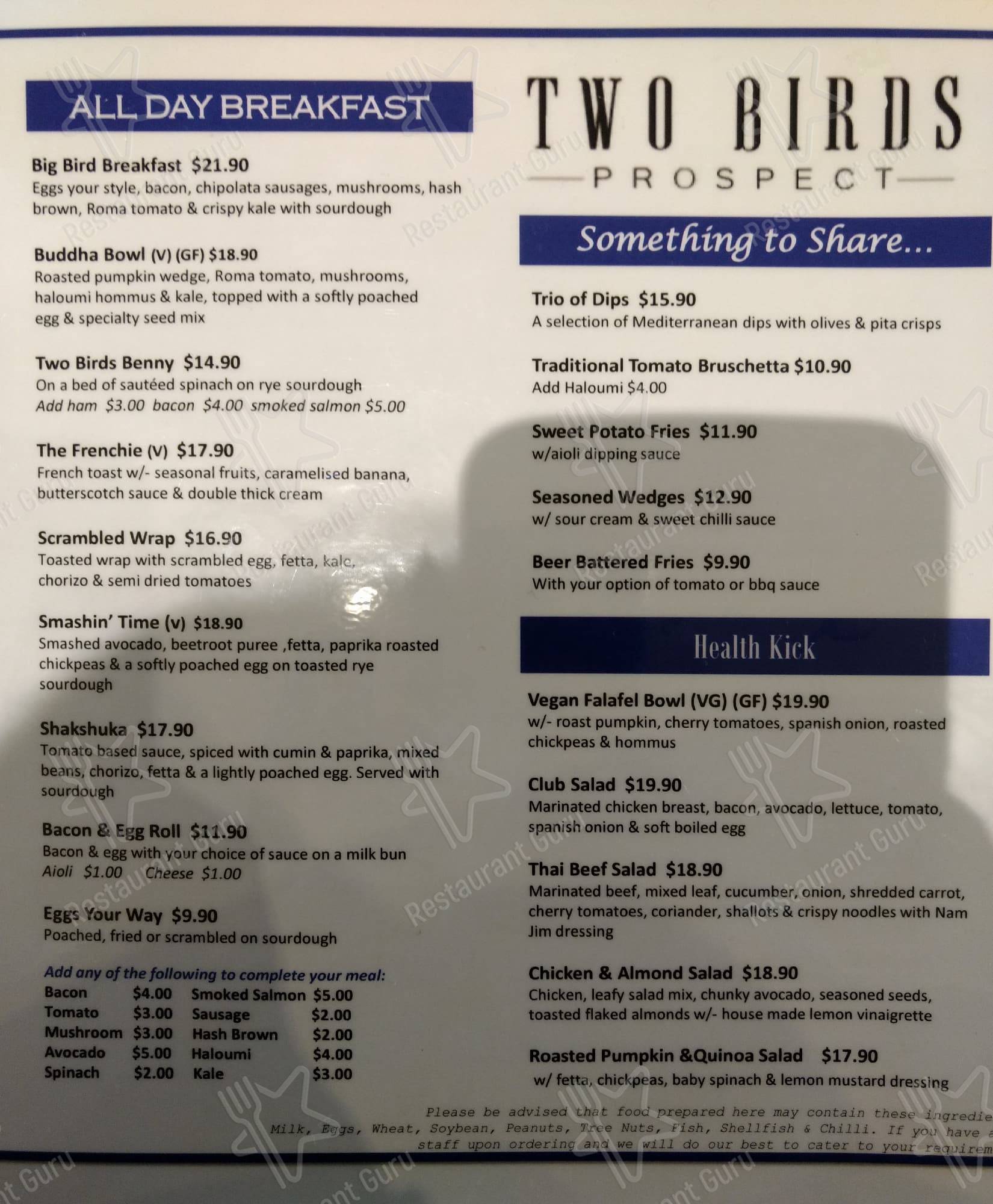 Menu at Two Birds Prospect cafe, Prospect