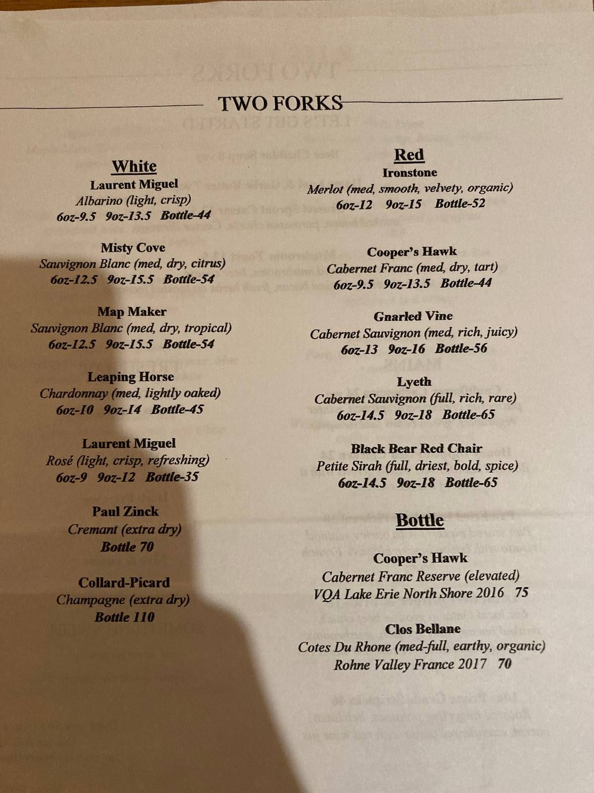 Menu at Two Forks pub & bar, Port Stanley