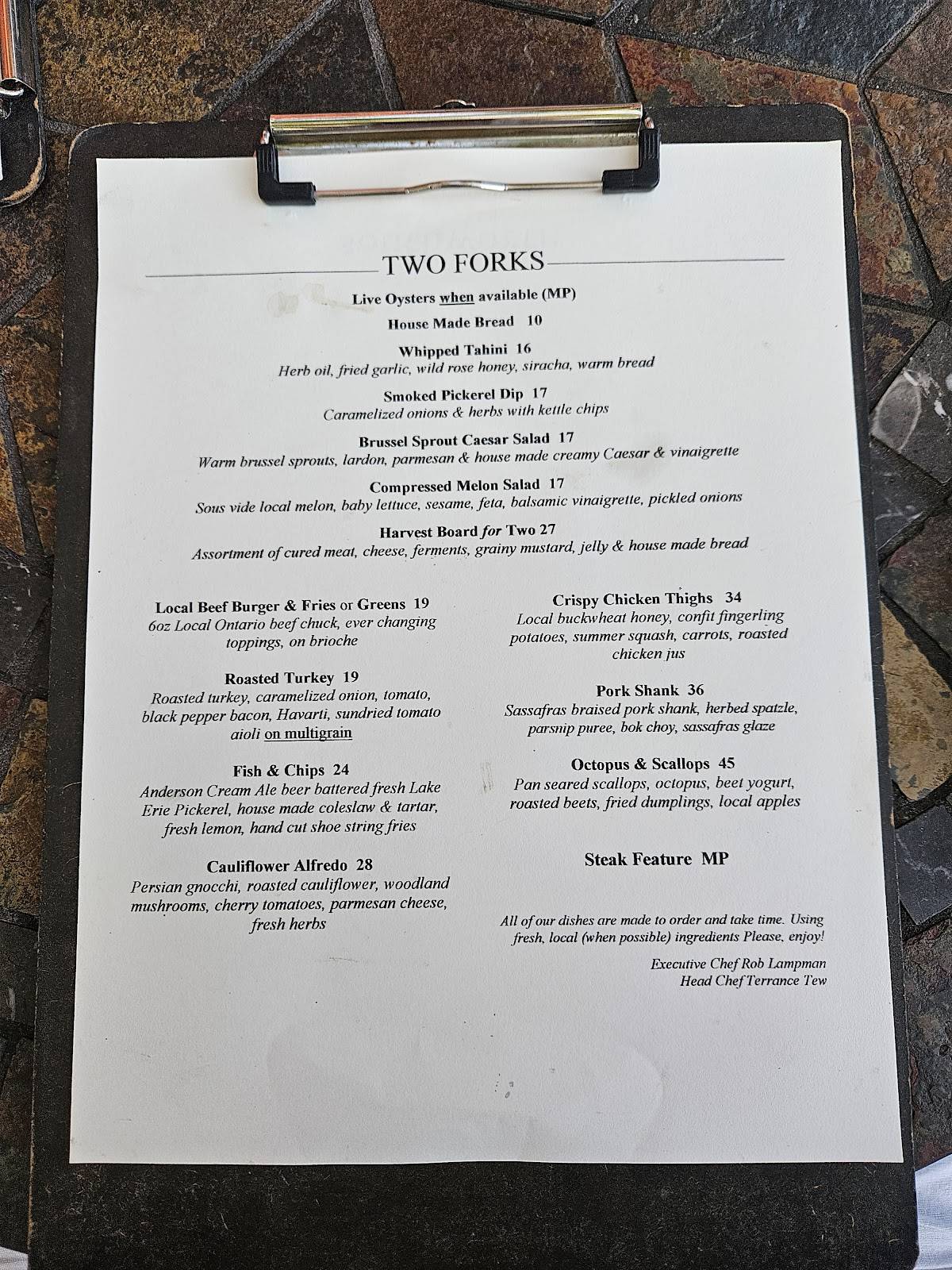Menu at Two Forks pub & bar, Port Stanley