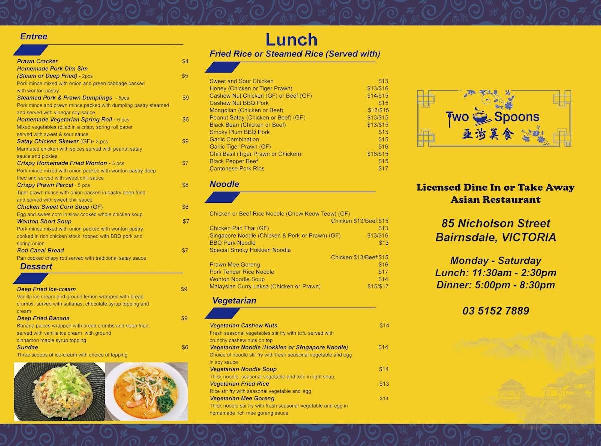 Menu at Two Spoons restaurant, Bairnsdale