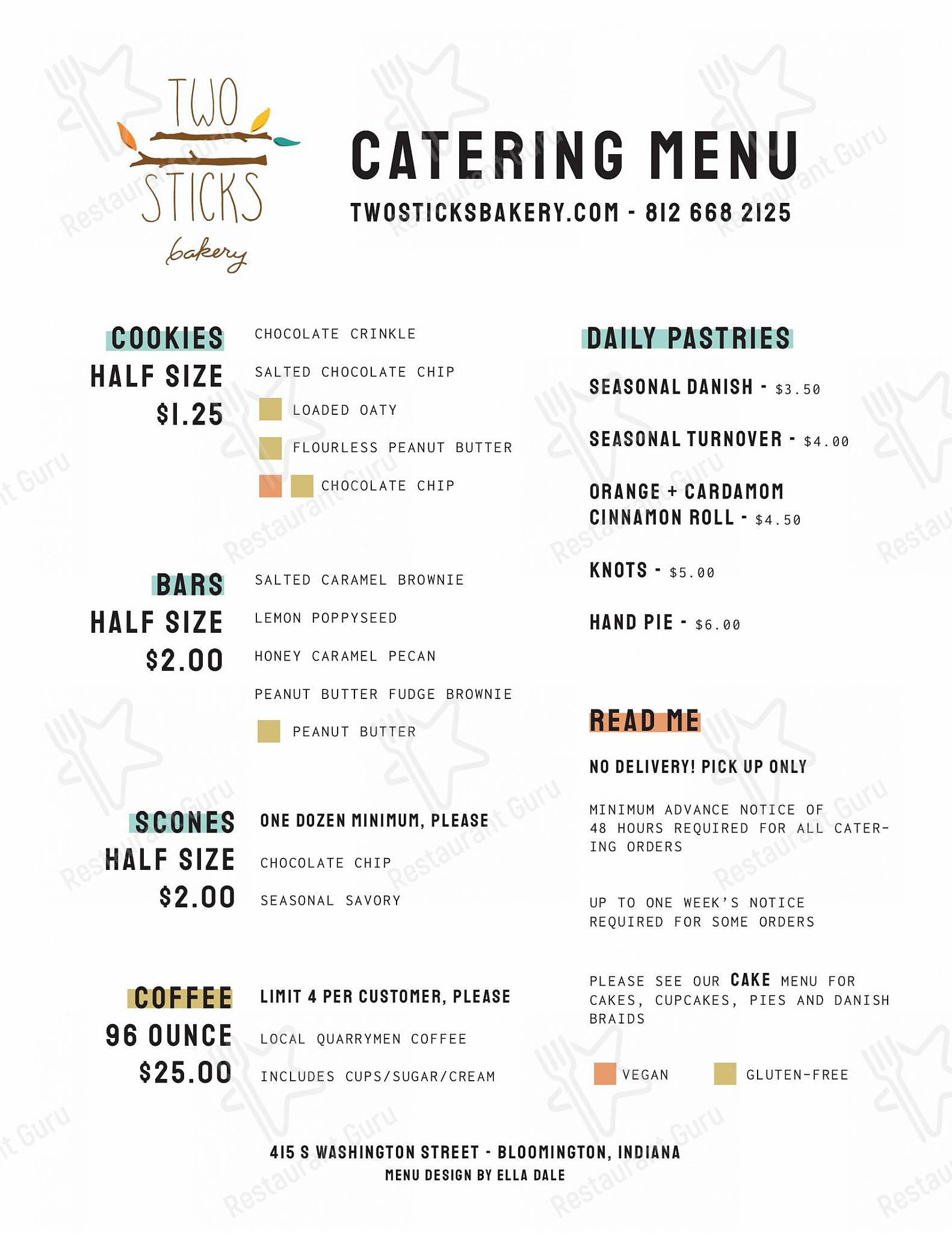 Menu at Two Sticks Bakery, Bloomington