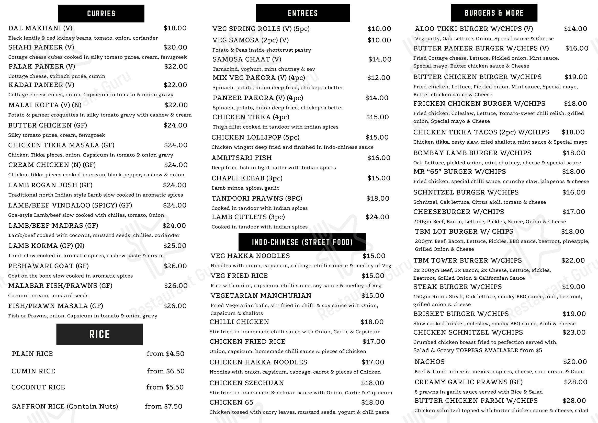 Menu at Two brown men restaurant, Nowra