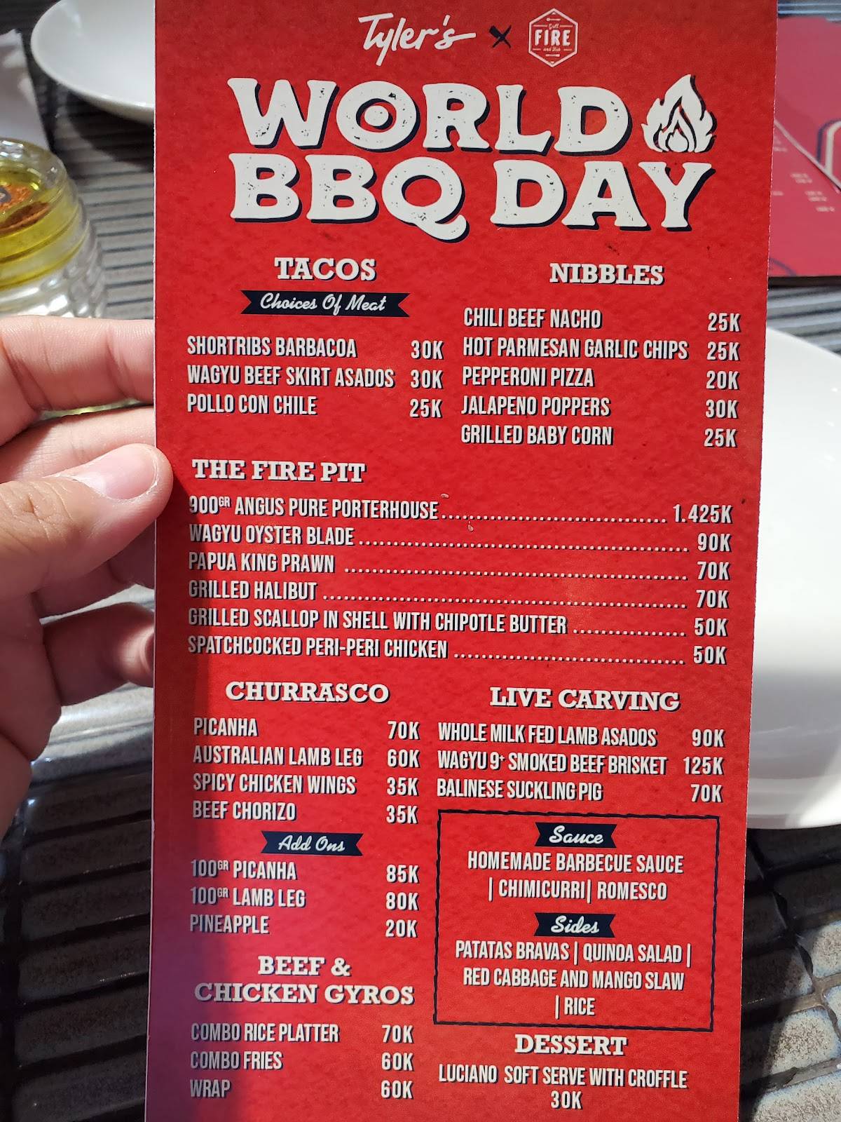 Menu at Tyler's Smoke House restaurant, Semarang