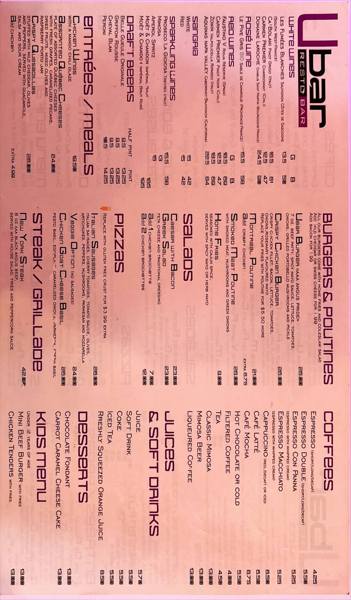 Menu at UBar Resto Bar, Dorval, 975 Romeo Vachon Blvd N