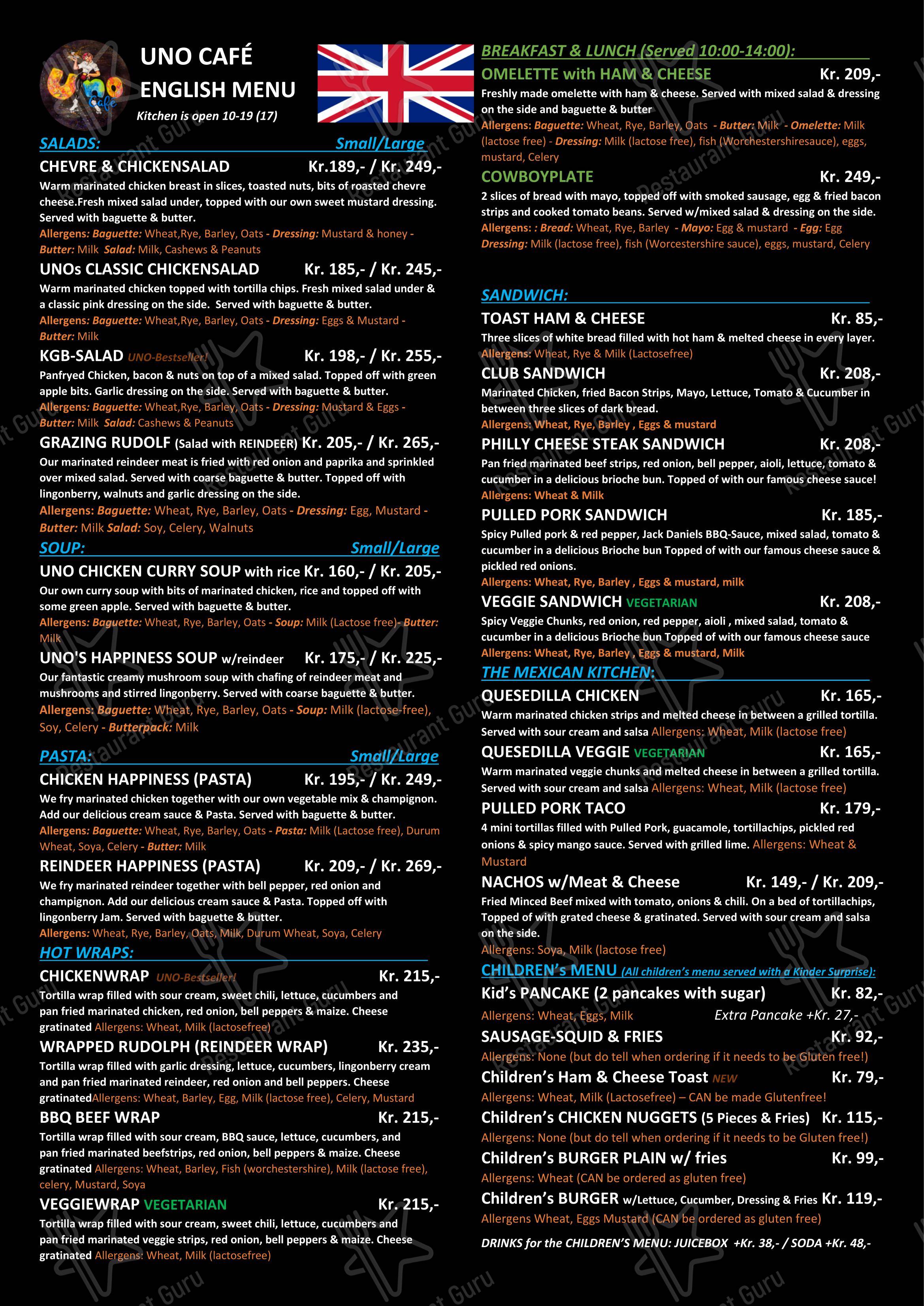 Menu at UNO Café restaurant, Alta