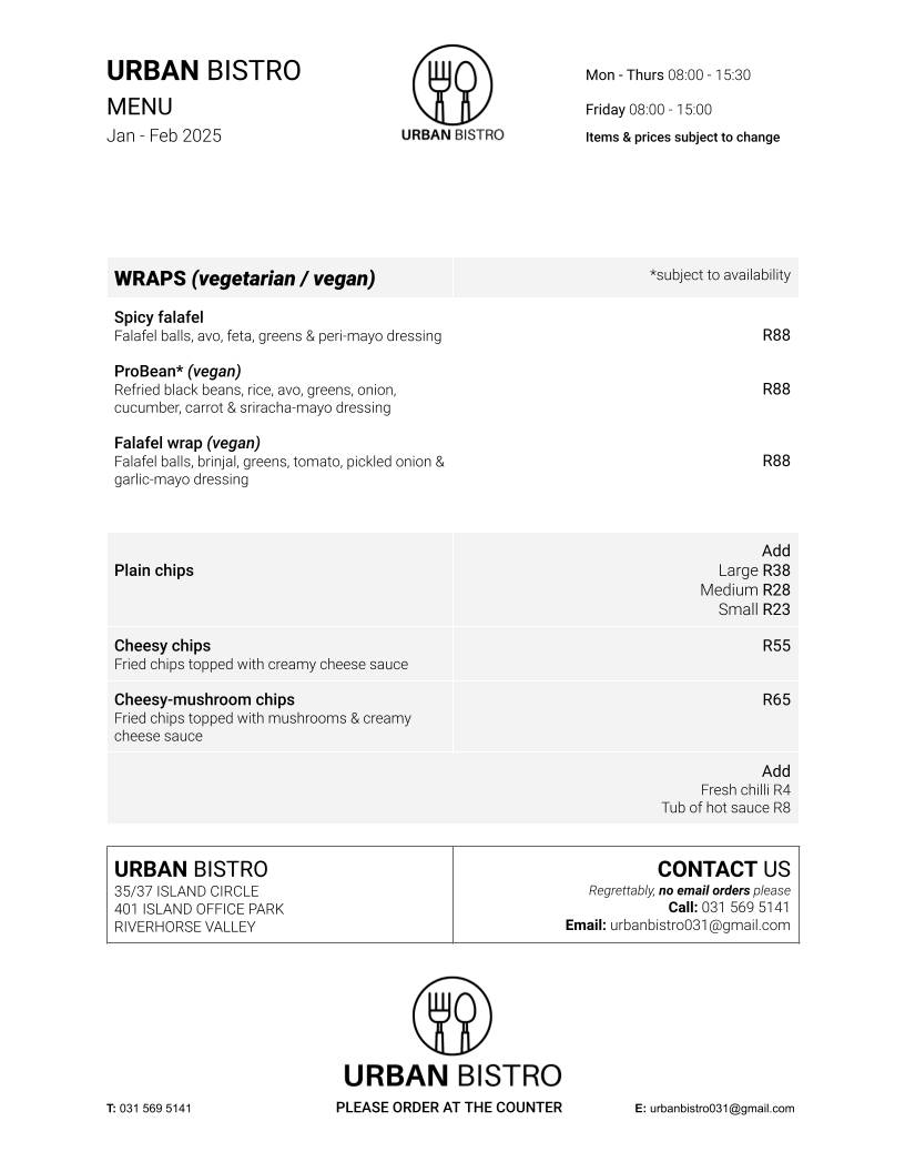 Menu at URBAN bistro, Durban