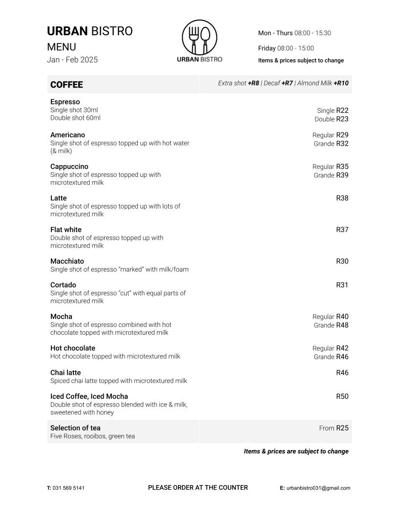 Menu at URBAN bistro, Durban