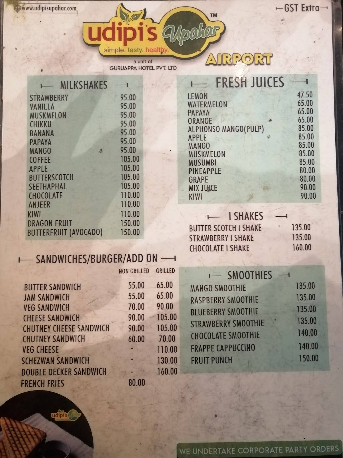 Menu at Udipi's Upahar RGI Airport, Hyderabad
