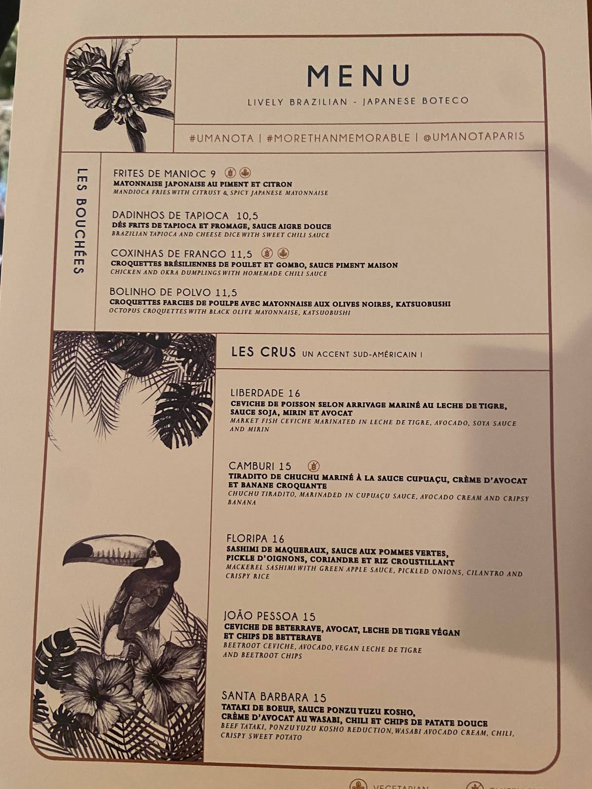 Menu at Uma Nota restaurant, Paris, 86 Rue Réaumur