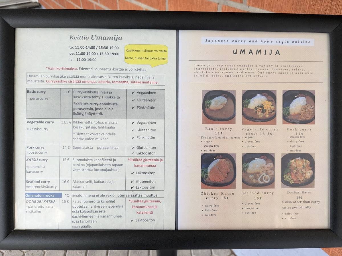 Menu at Umamija restaurant, Oulu