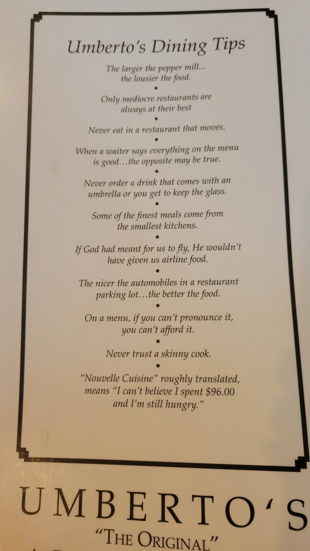 Menu at Umberto's at Barefoot Landing, North Myrtle Beach, US-17
