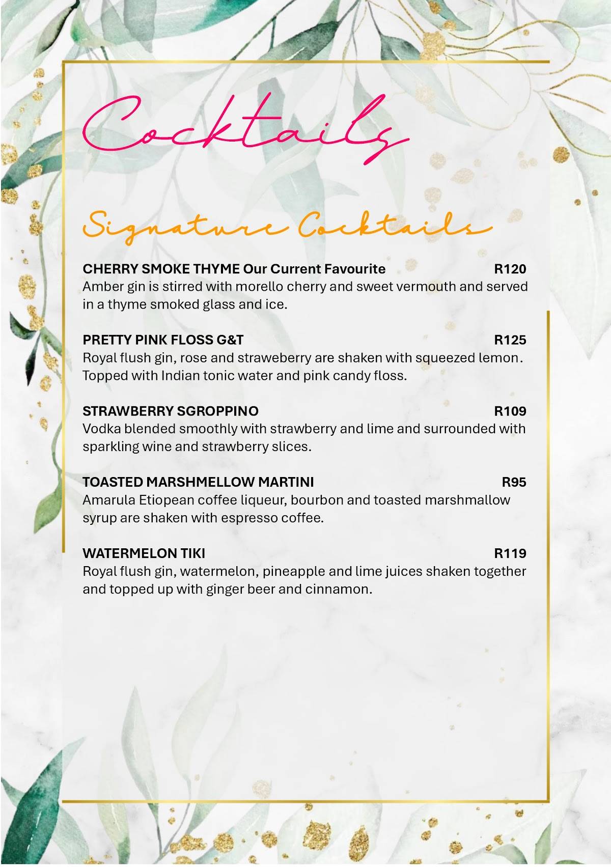 Menu at 1 on Palm restaurant, Umhlanga