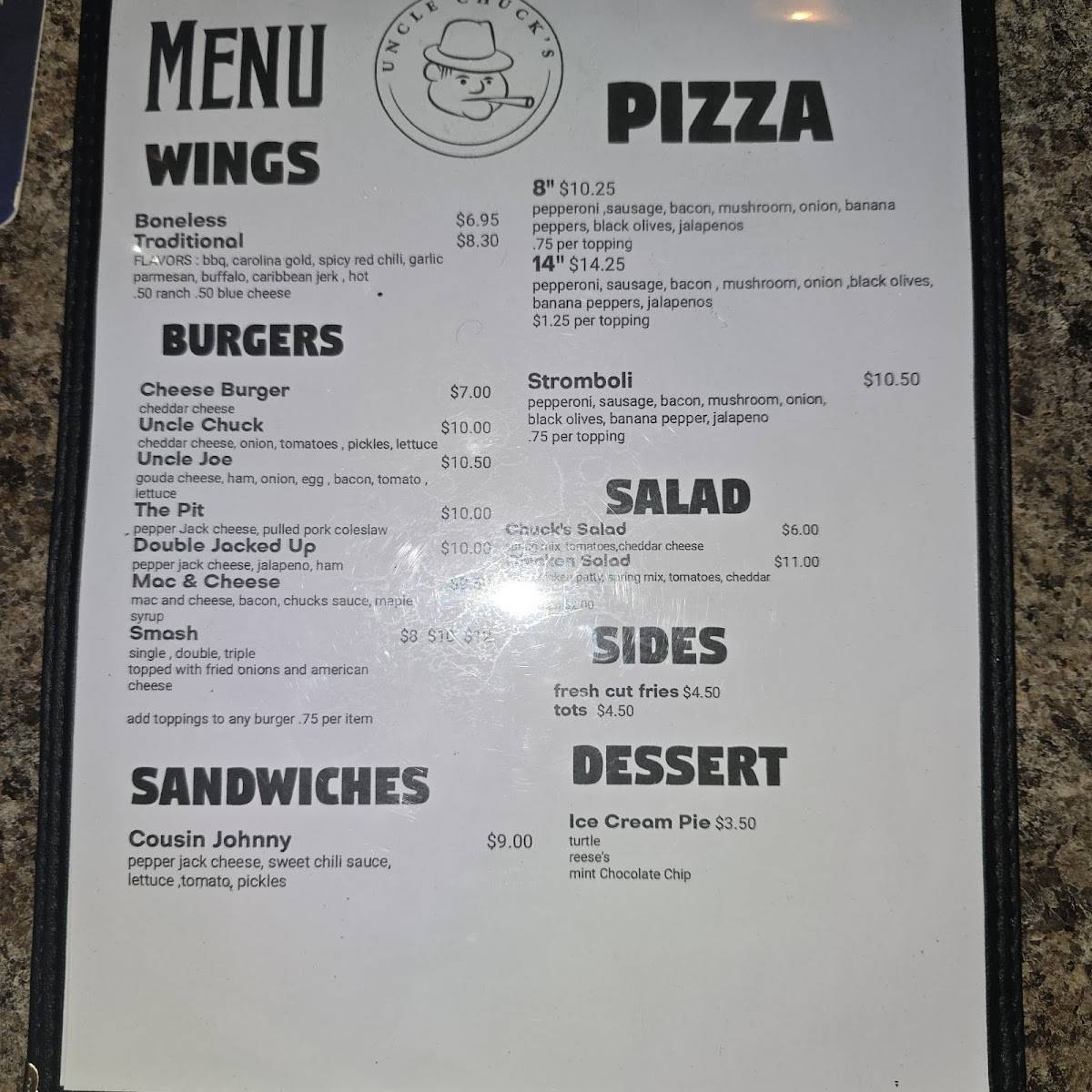 Menu at Uncle Chuck's Place pub & bar, Wakeman