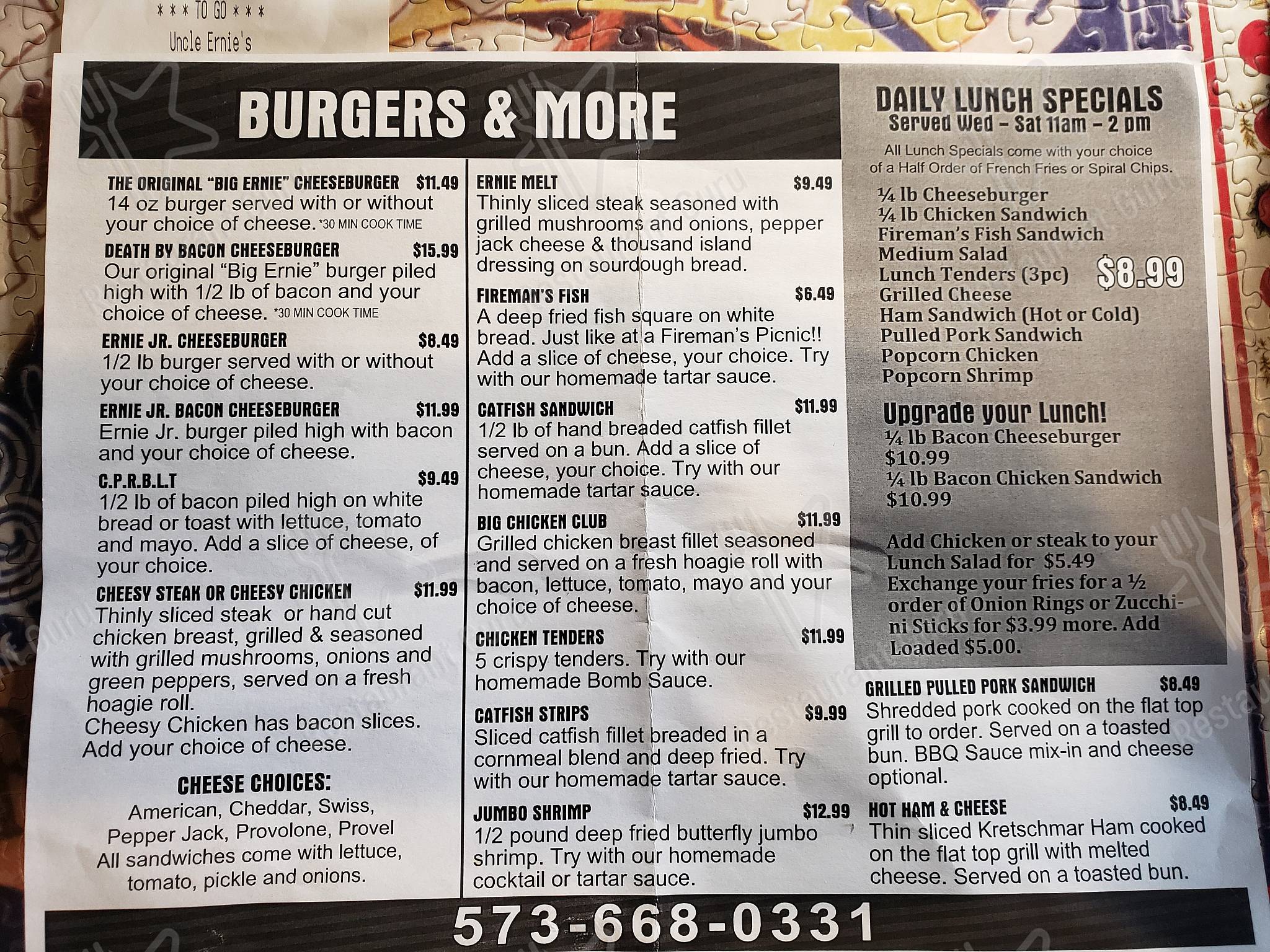 Menu at Uncle Ernie's restaurant, Bourbon