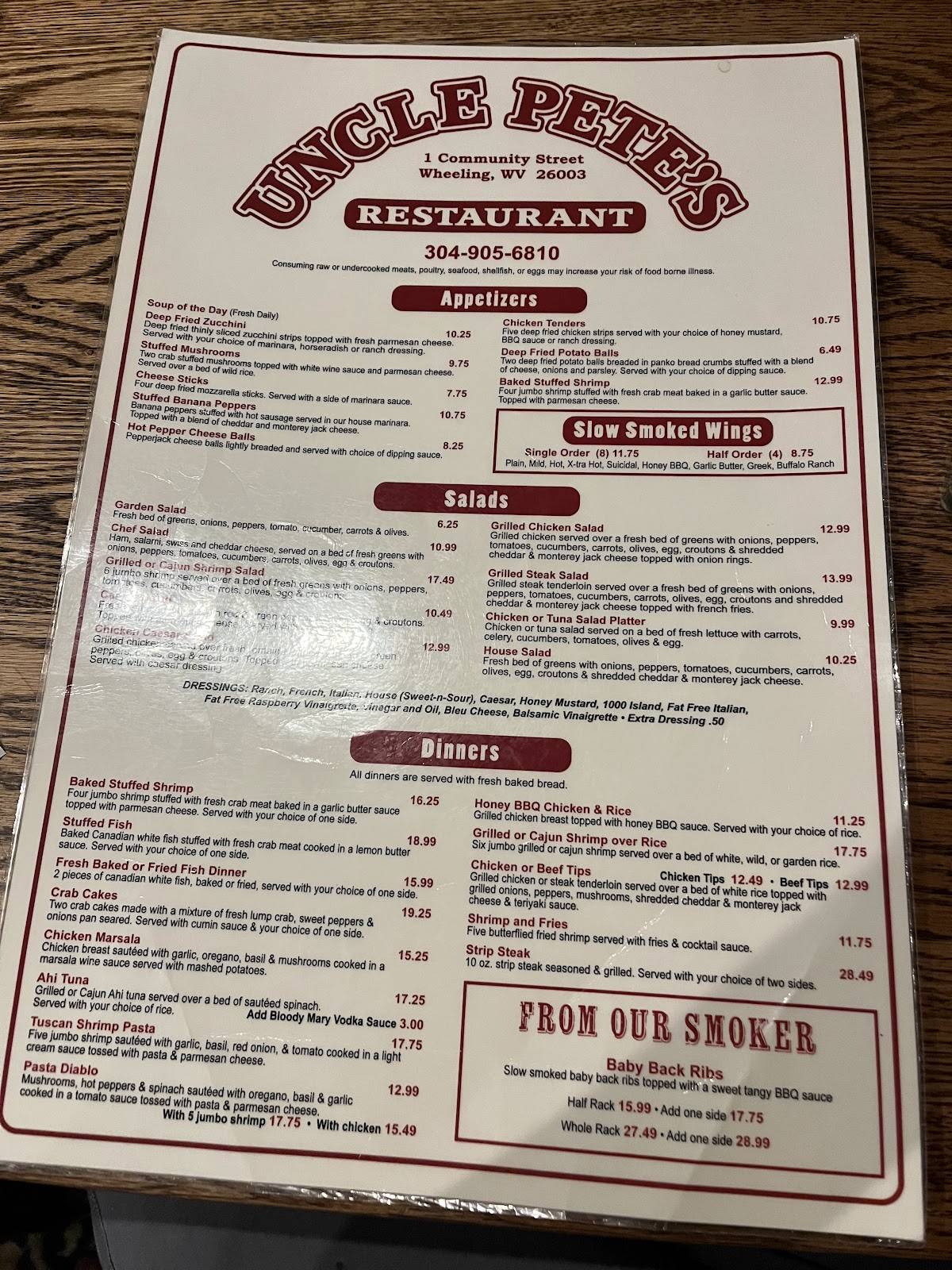 Menu at Uncle Pete's restaurant, Wheeling, 1 Community St