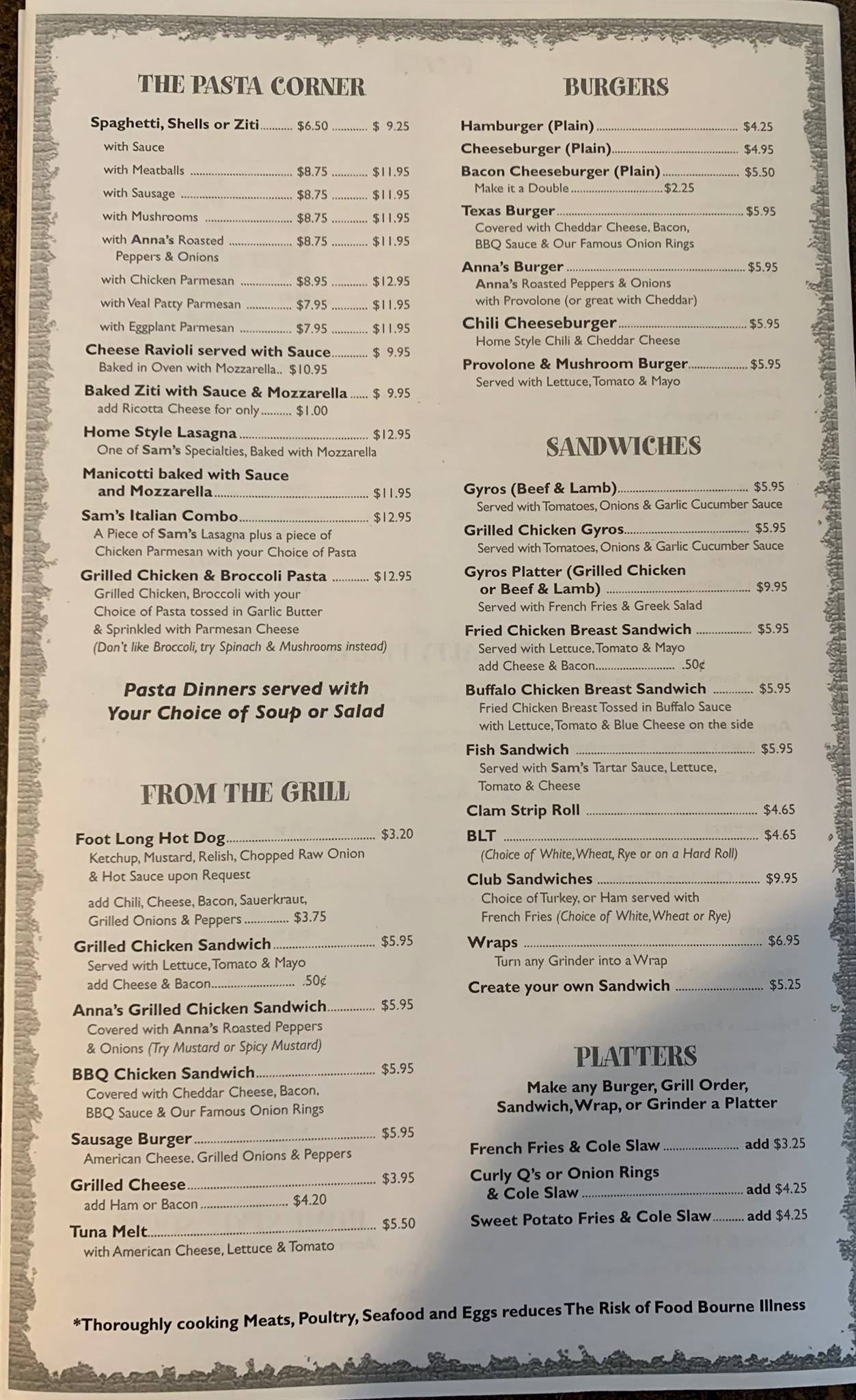 Menu at Uncle Sam's Restaurant, Bristol