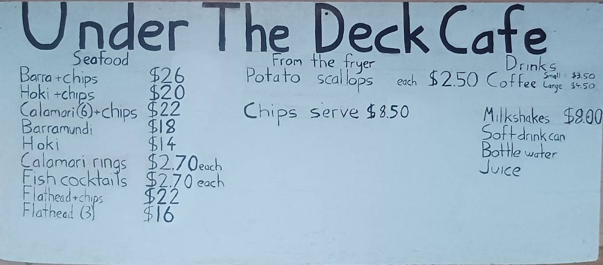 Menu at Under the deck Cafe, Broulee