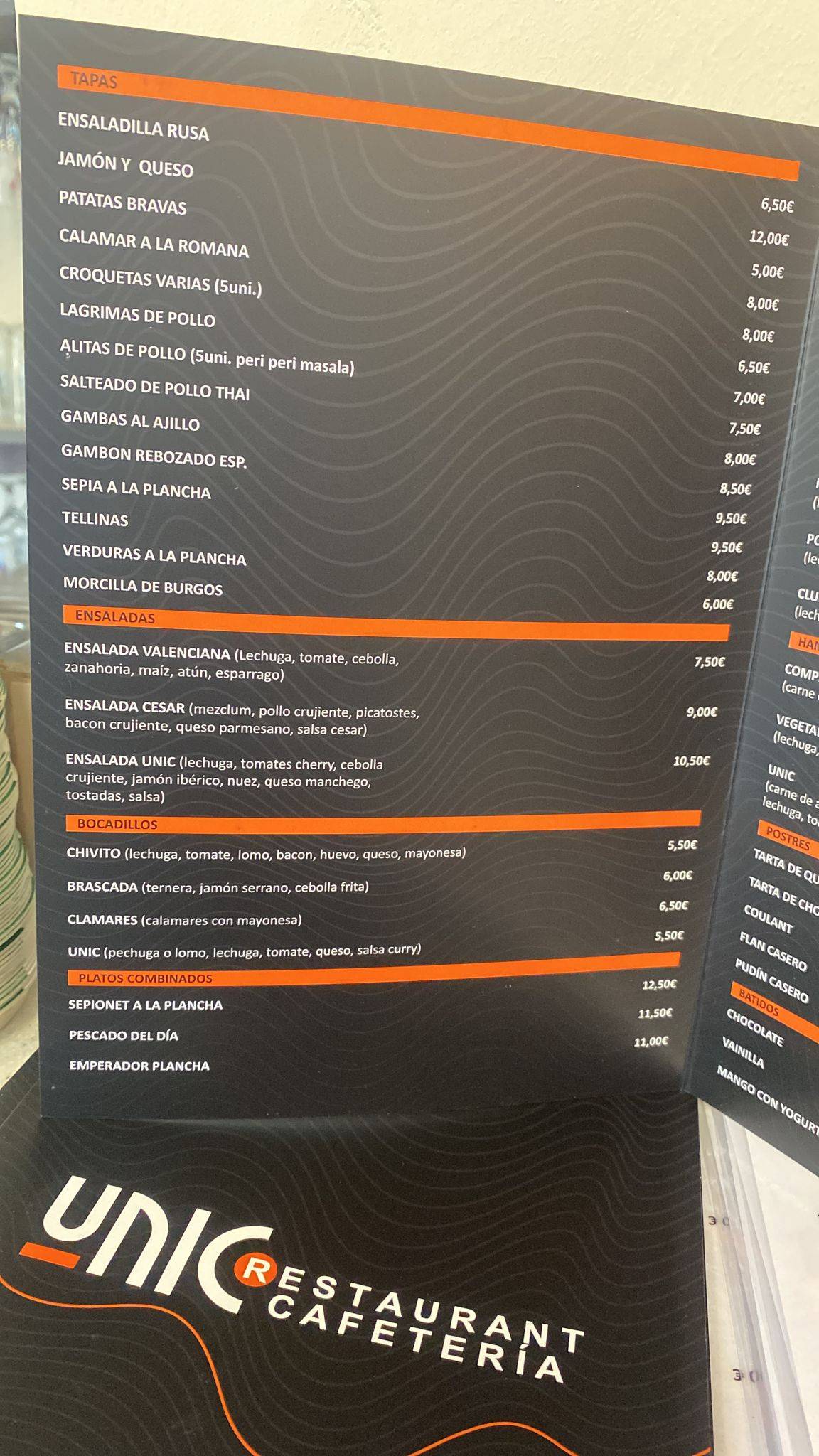 Menu at Unic Restaurant & Cafeteria, Valencia