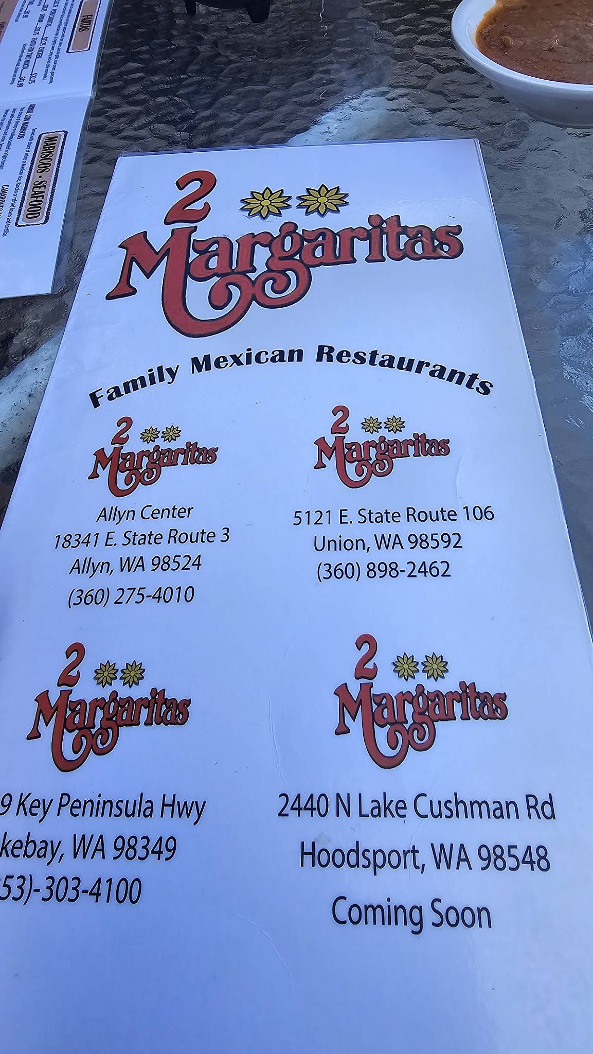 Menu at 2 Margaritas Restaurant, Union, WA-106