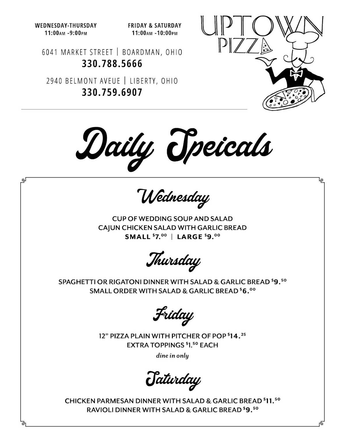 Menu at Uptown Pizza (Liberty) pizzeria, Youngstown, Belmont Ave