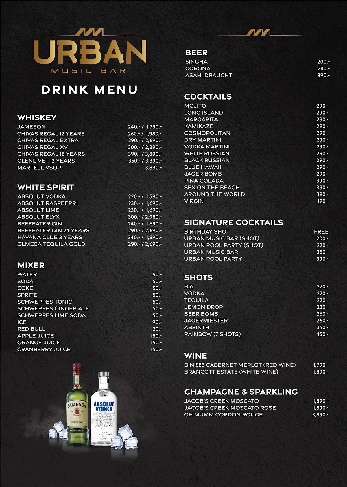 Menu at Urban Music Bar, Bangkok