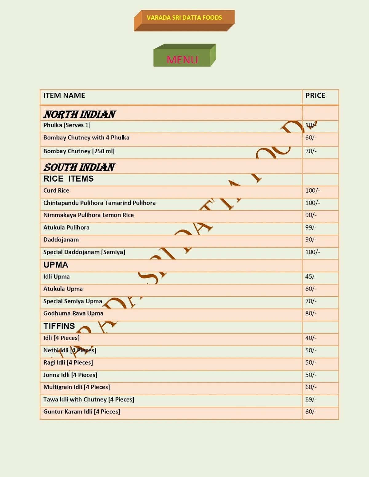 Menu at VARADA SRI DATTA FOODS, Vijayawada