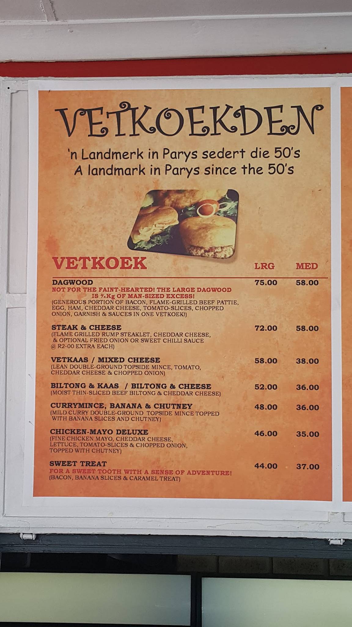Speisekarte von VETKOEK DEN restaurant, Parys
