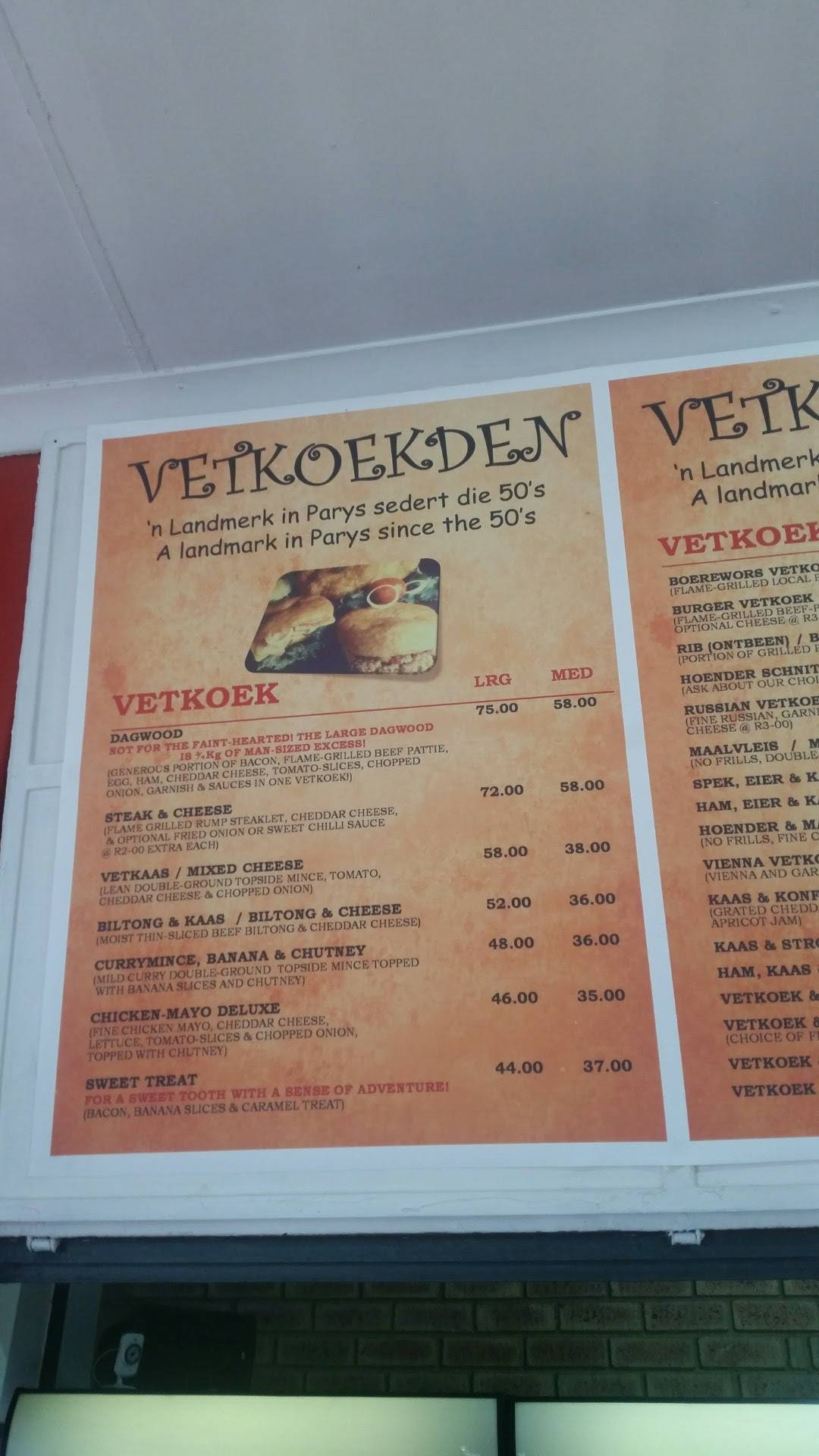 Menu at Vetkoek Den restaurant, Margate