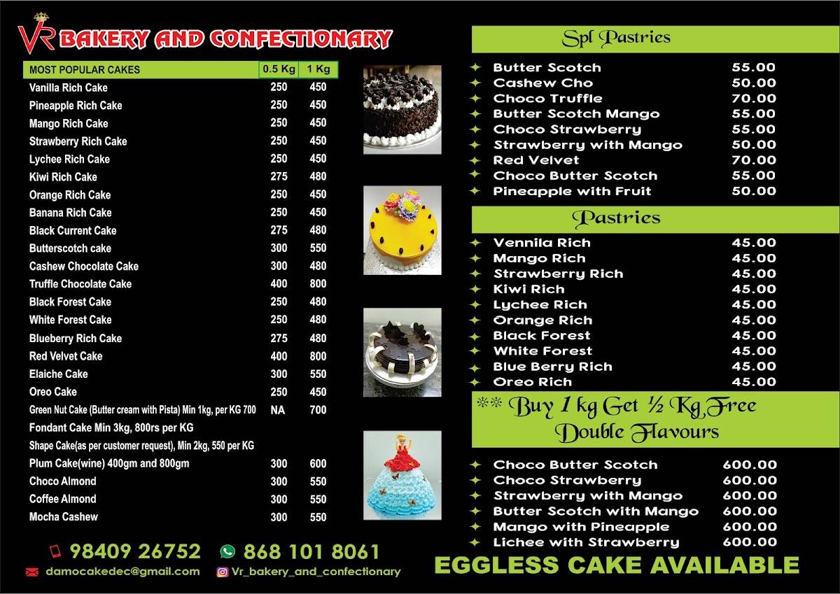 Menu at VR Bakery and Confectionery, Chennai