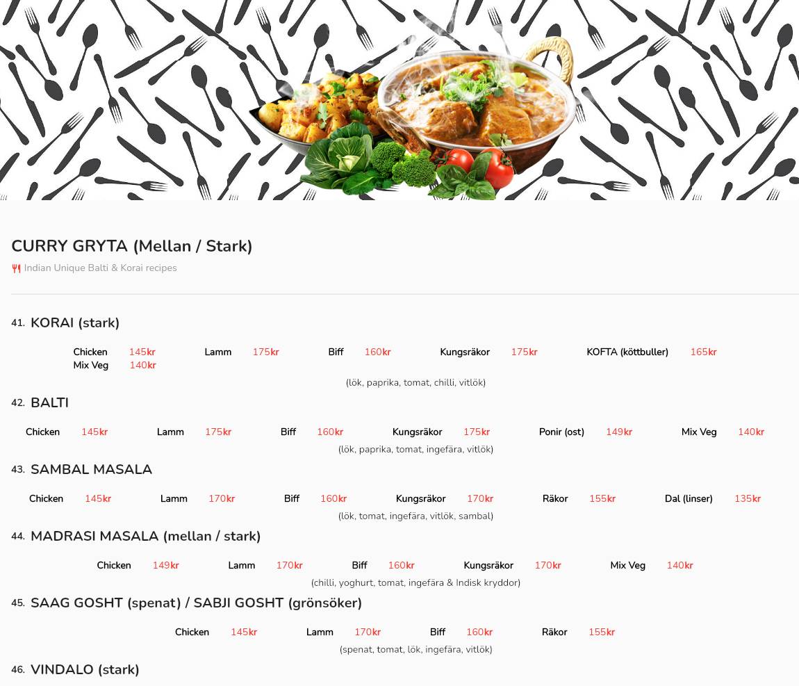 Menu at King of India restaurant, Växjö