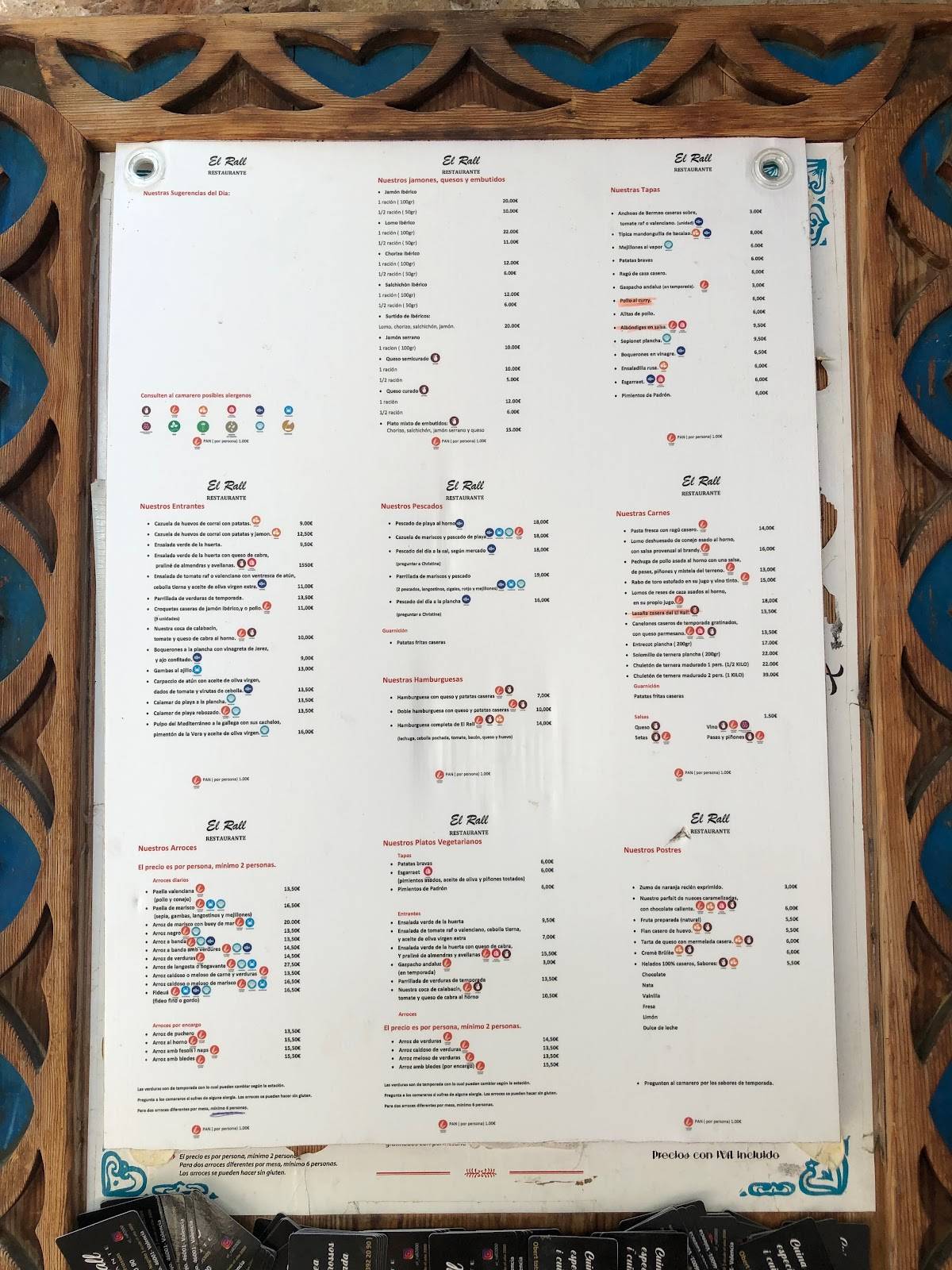 Carta de Restaurante El Rall, Valencia