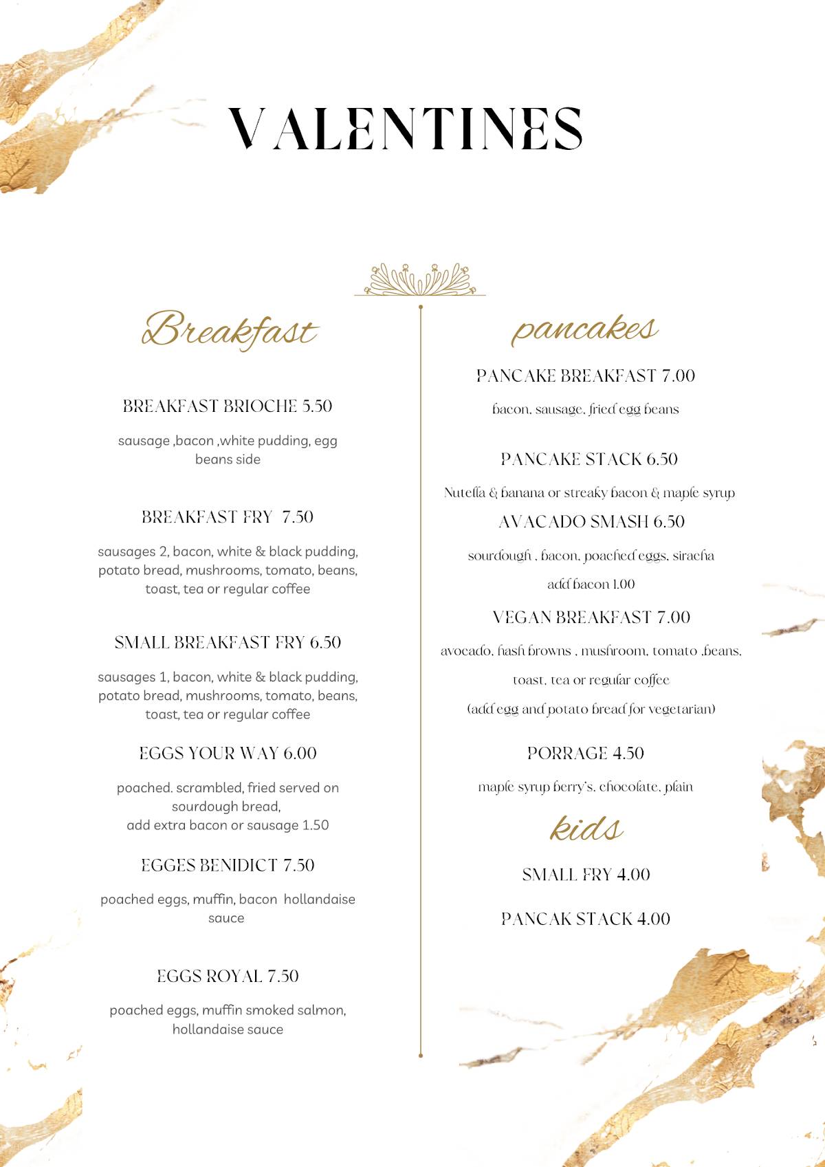 Menu at Valentine's restaurant @ serendipity house derry, Londonderry