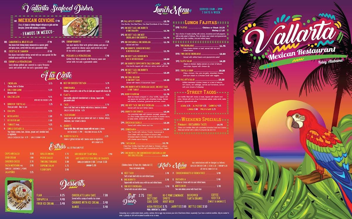 Menu at Vallarta Mexican Restaurant, Foley