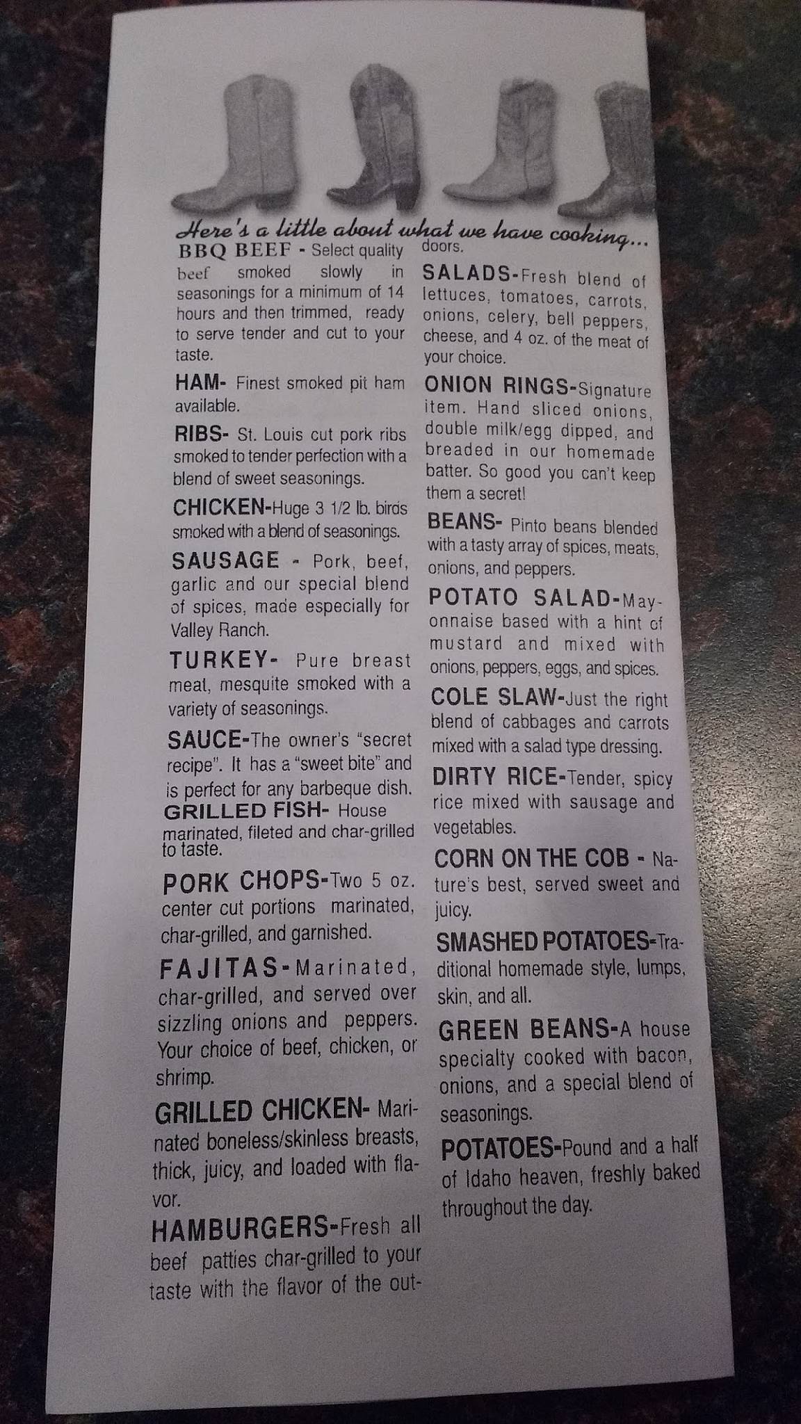 Menu at Valley Ranch Grill & Barbeque, Houston