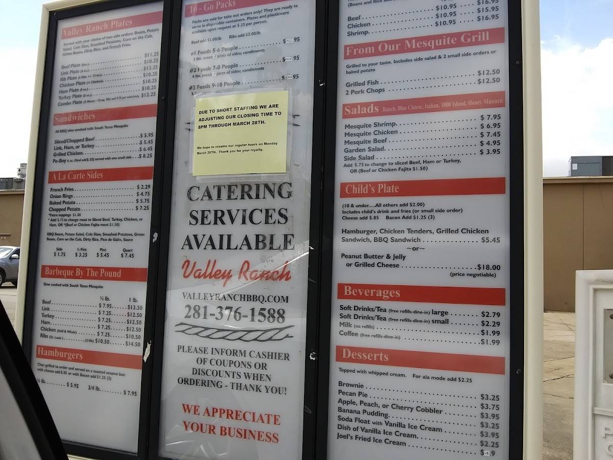 Menu at Valley Ranch Grill & Barbeque, Houston