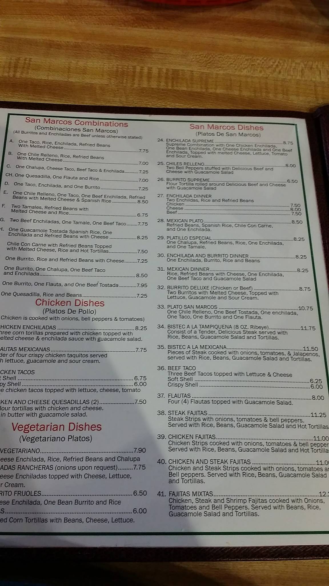 Menu at San Marcos Mexican Restaurant, Valley