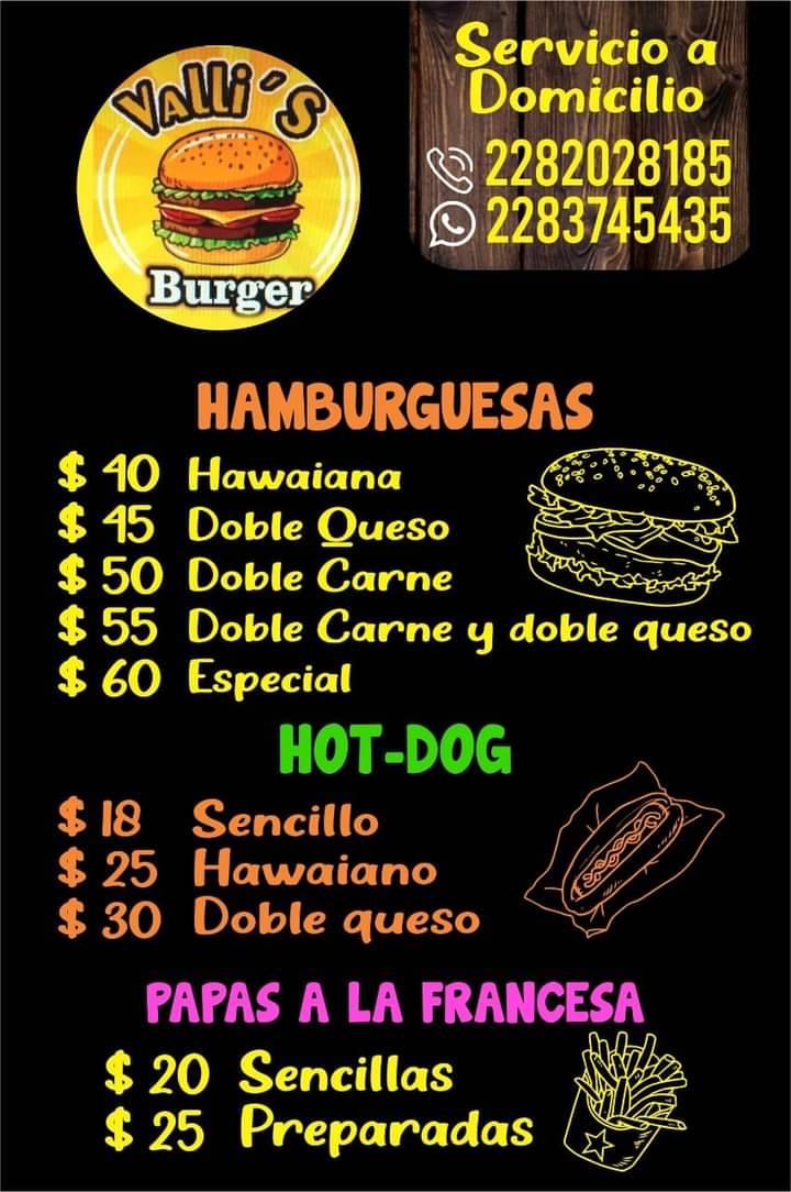 Menu at Valli's Burger restaurant, Coatepec