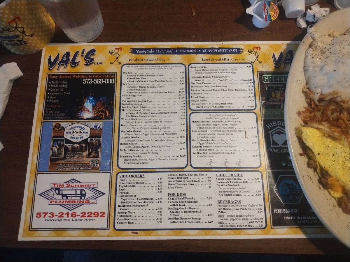 Menu at Val's restaurant, Laurie