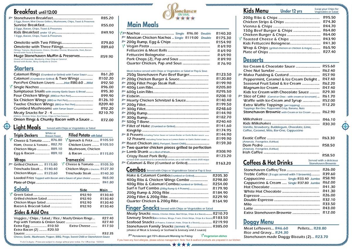 Menu at Stonehaven on Vaal restaurant, Vanderbijlpark
