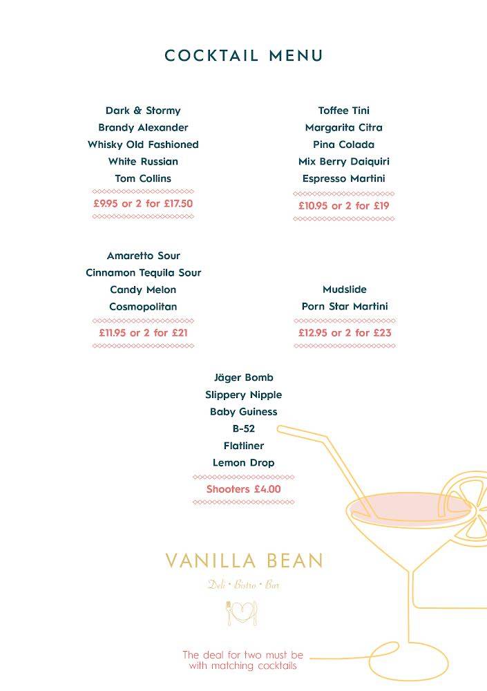 Menu at Vanilla Bean cafe, Huddersfield