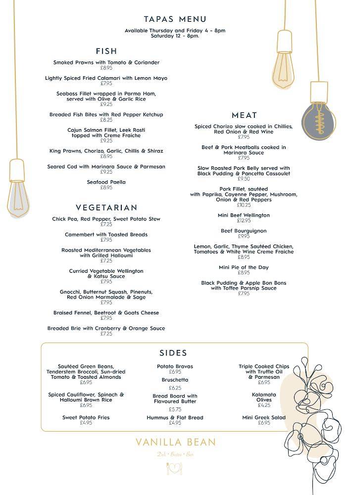 Menu at Vanilla Bean cafe, Huddersfield