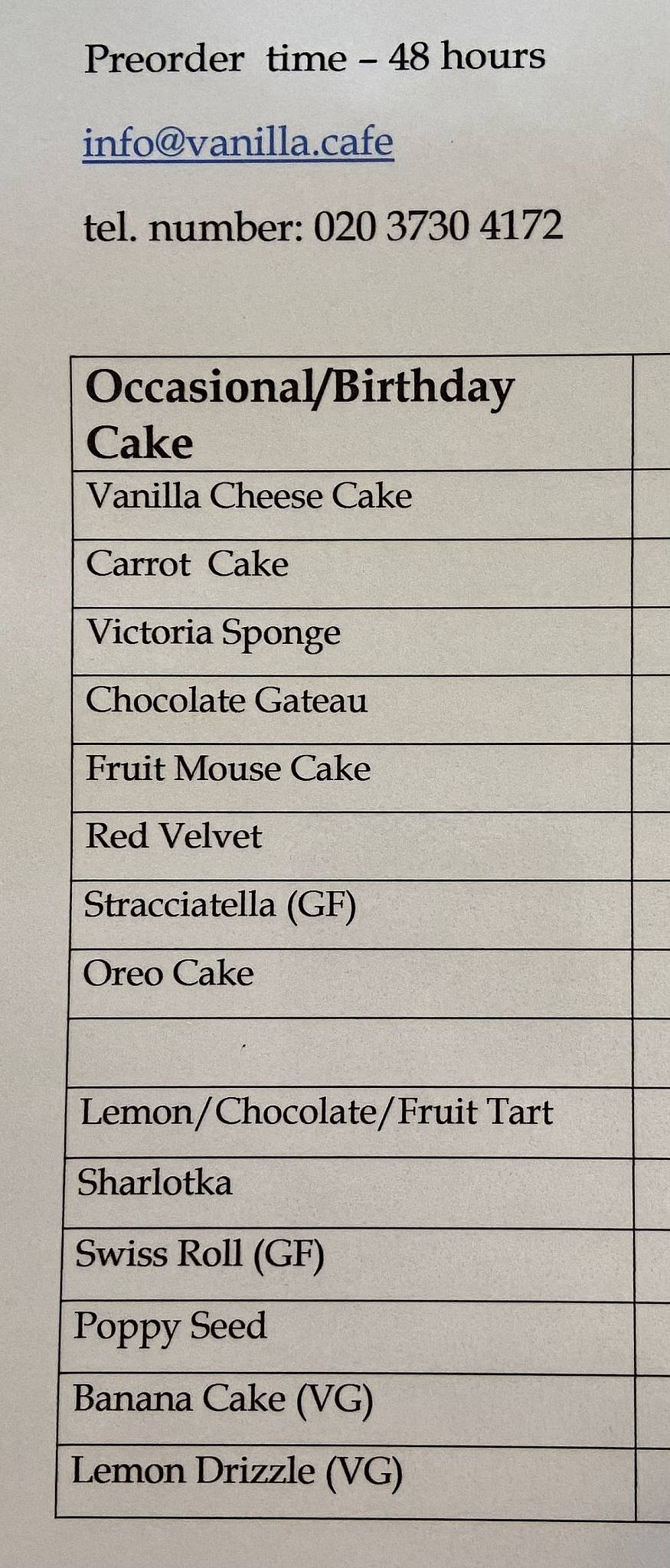 Menu at Vanilla Café cafe, London