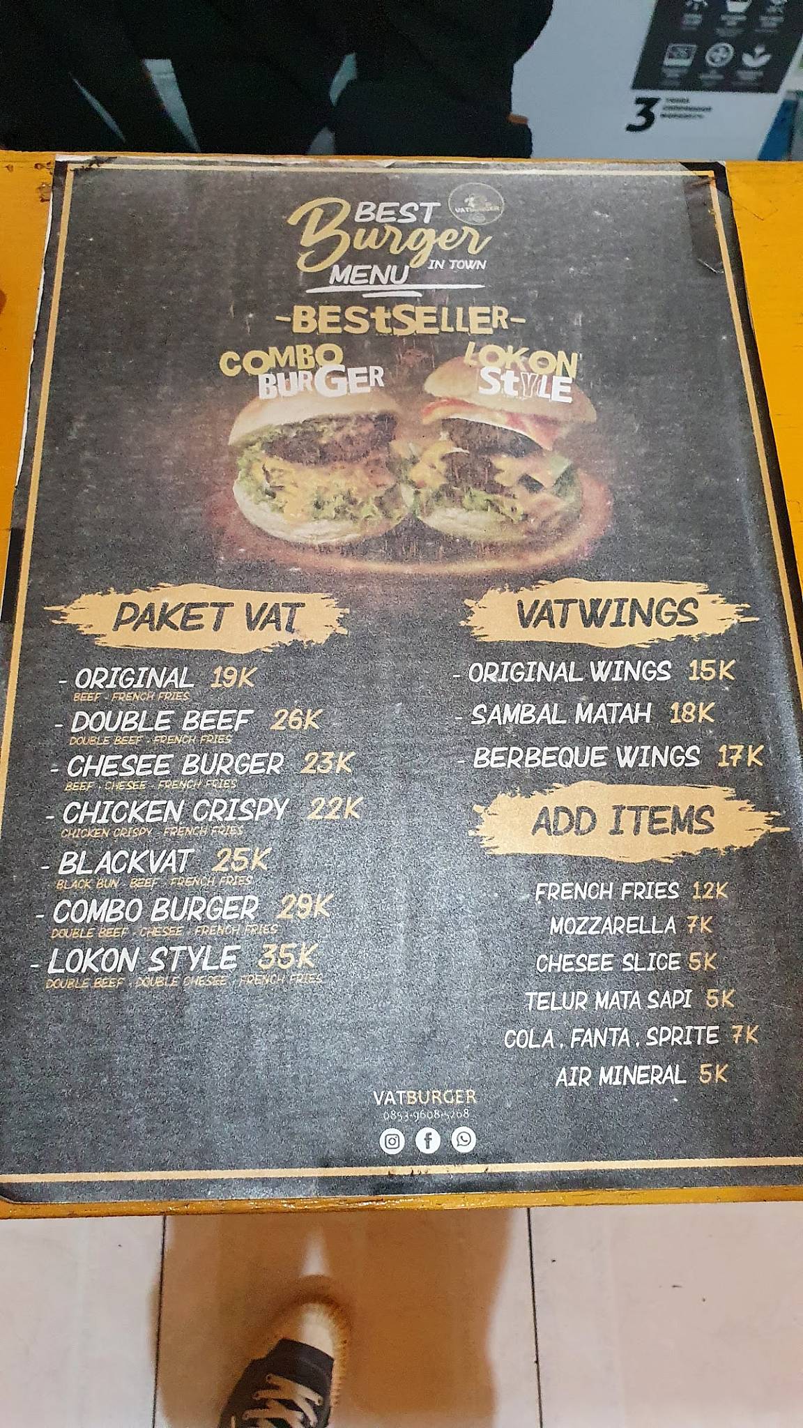 Menu at Vat Burger restaurant, Manado